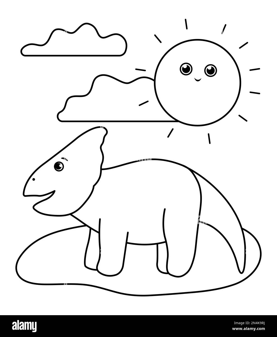 Black and white dino under the sun. Summer scene outline illustration ...