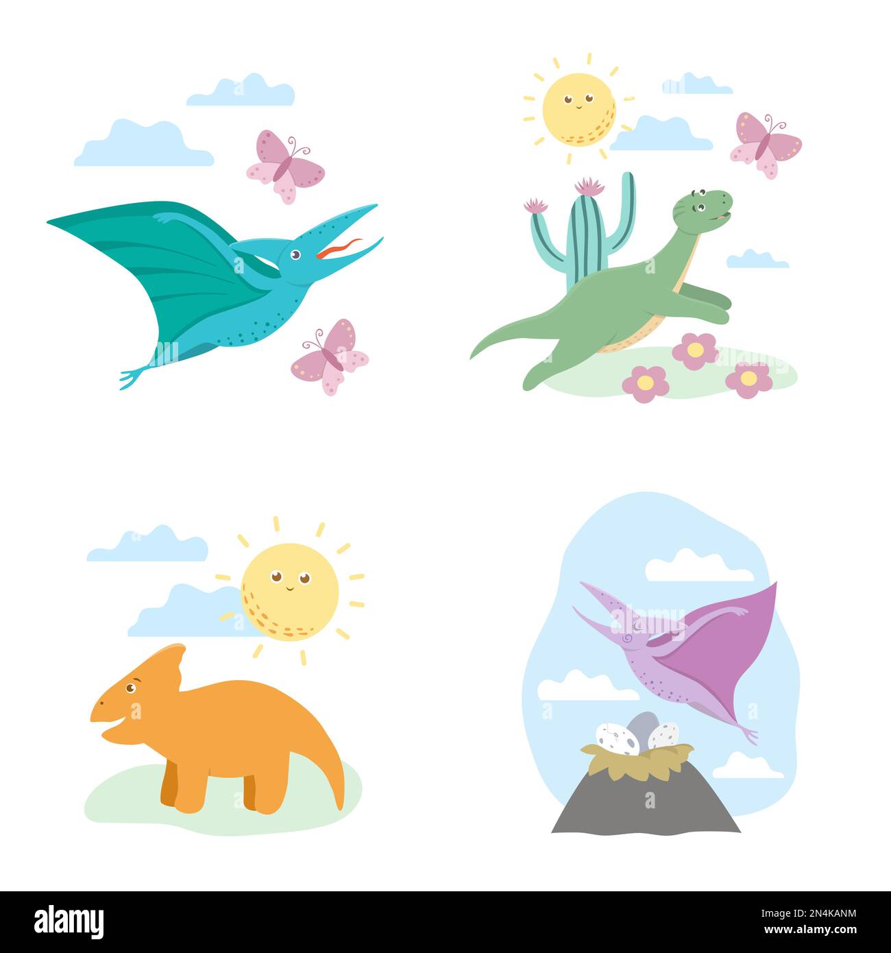 Summer scenes with cute dinosaurs. Illustration with dinos playing ...