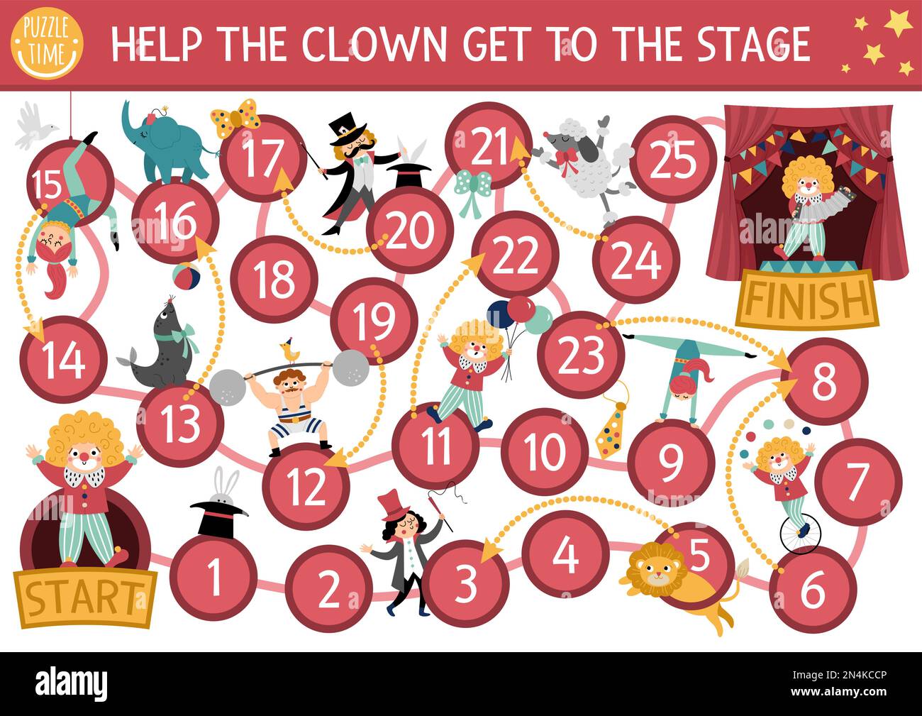 Circus dice board game for children with clown going to stage ...