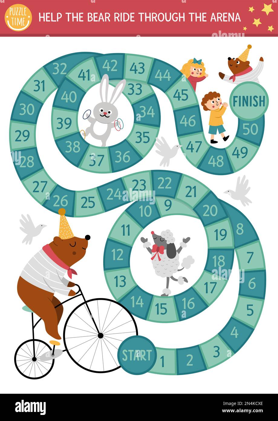 Circus dice board game for children with bear on bicycle riding through ...