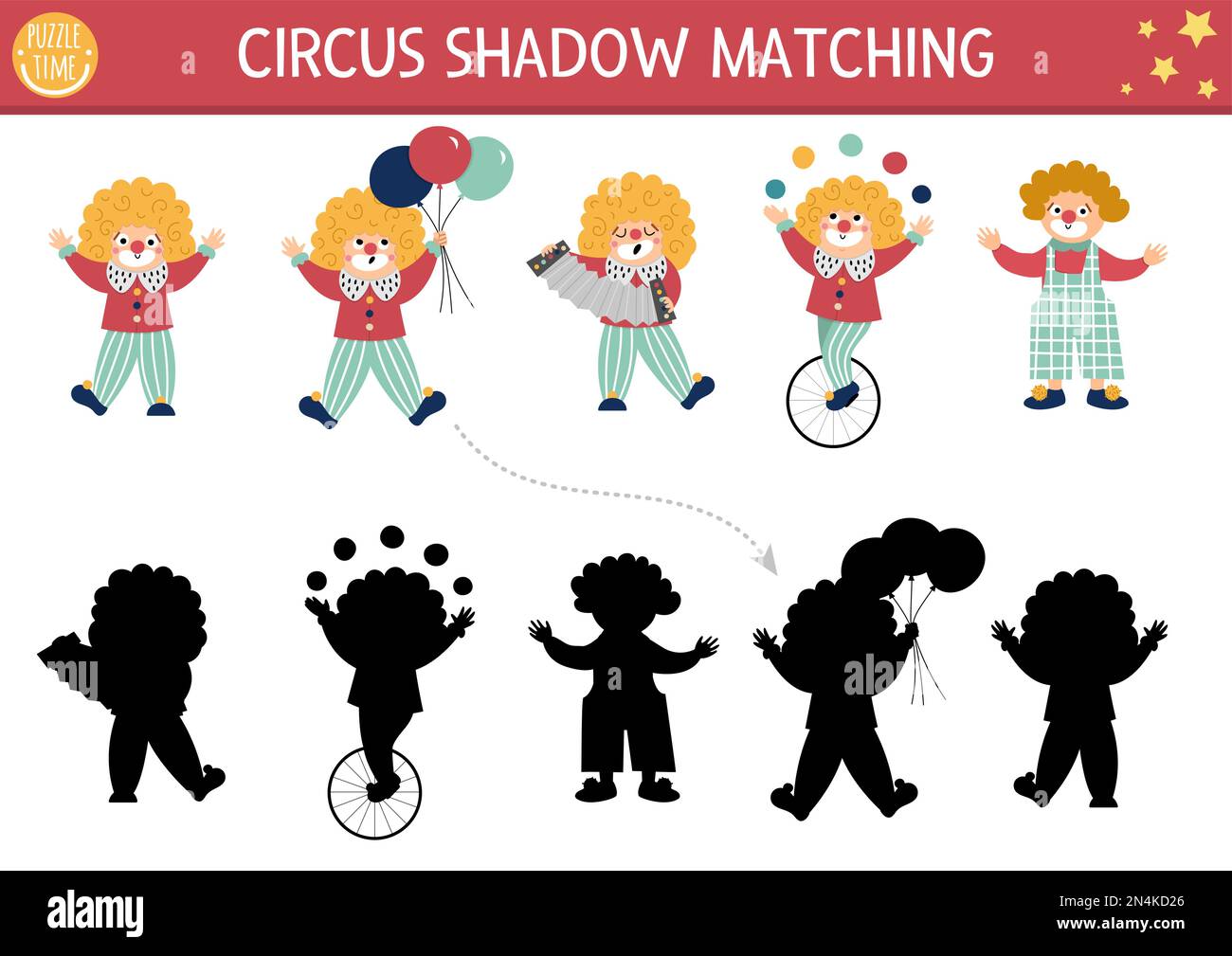 Circus shadow matching activity with cute clowns. Amusement show puzzle ...