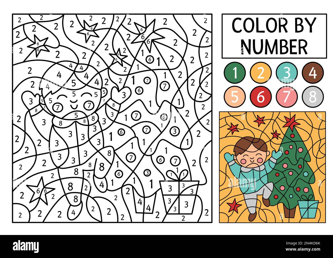 Vector Christmas color by number activity with fir tree, boy, gift box ...