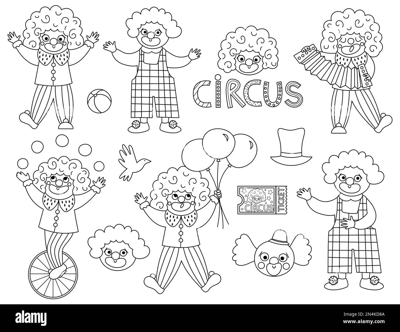 Vector black and white set with clowns. Circus outline artists clipart ...