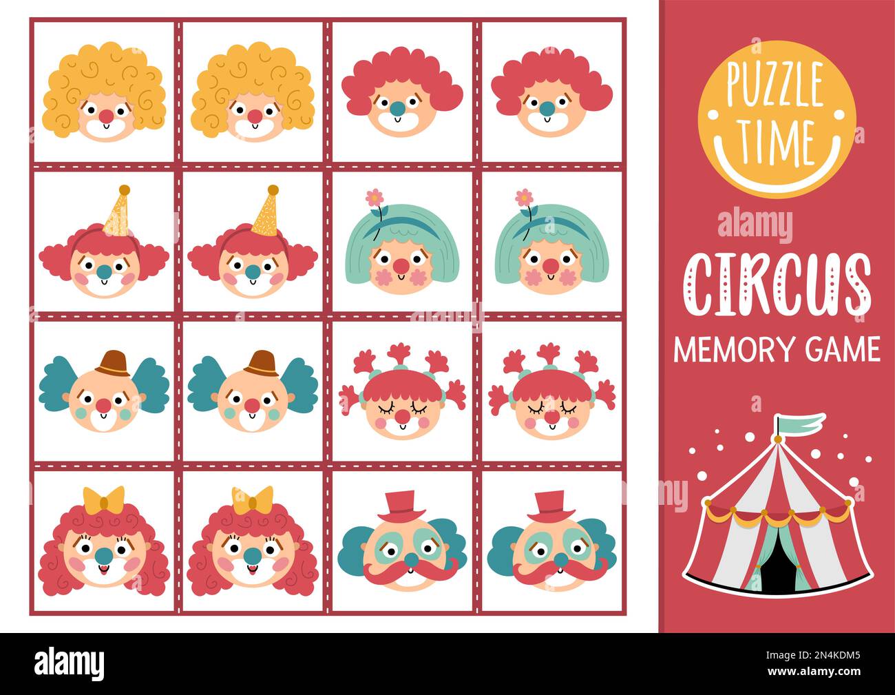 Vector circus memory game cards with cute clown faces. Amusement show ...