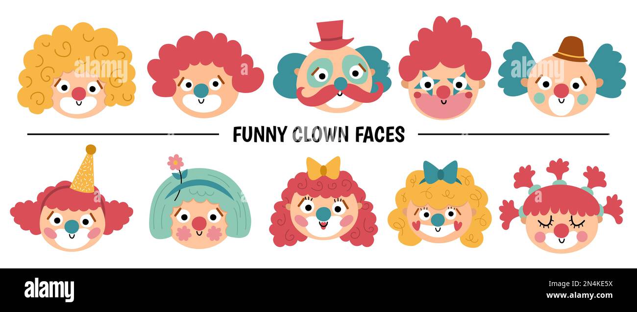 Vector set with clown faces. Circus artists avatars clipart. Amusement ...