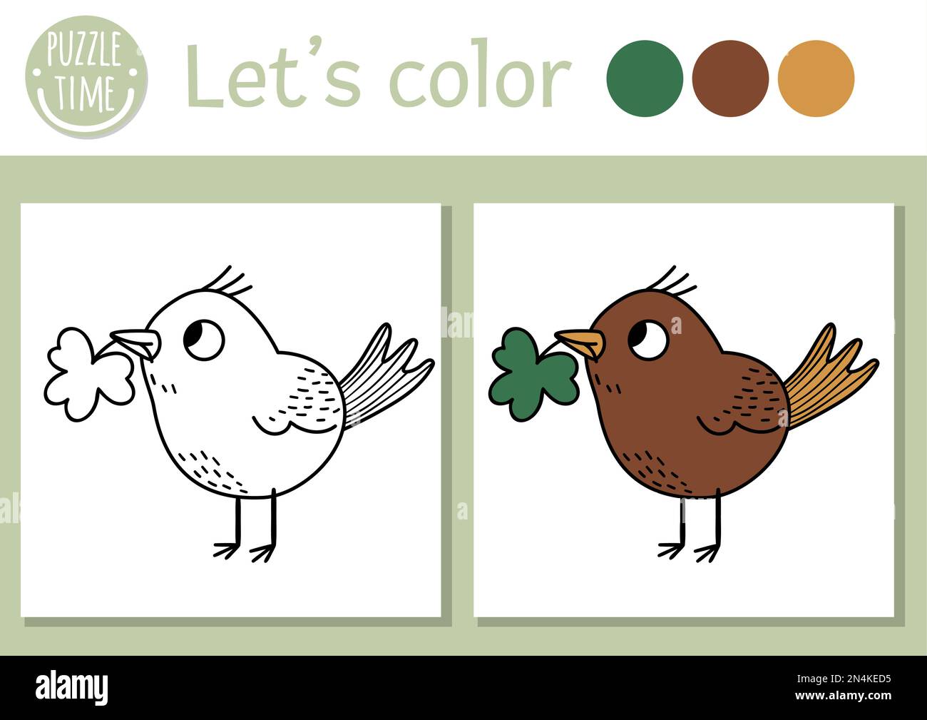 Saint Patrick coloring page for children. Cute funny bird with shamrock ...