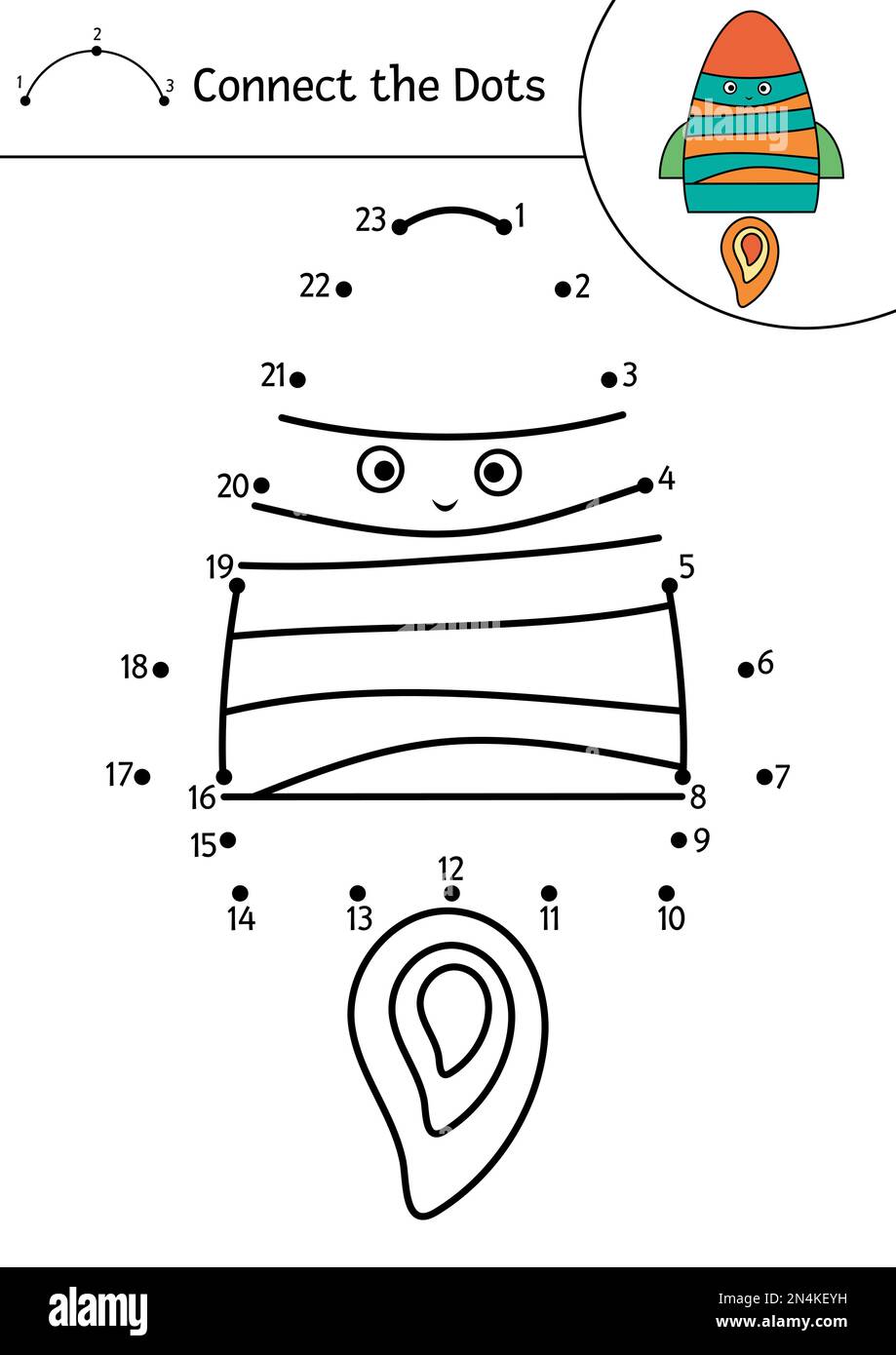 Vector space dot-to-dot and color activity with cute rocket. Astronomy ...