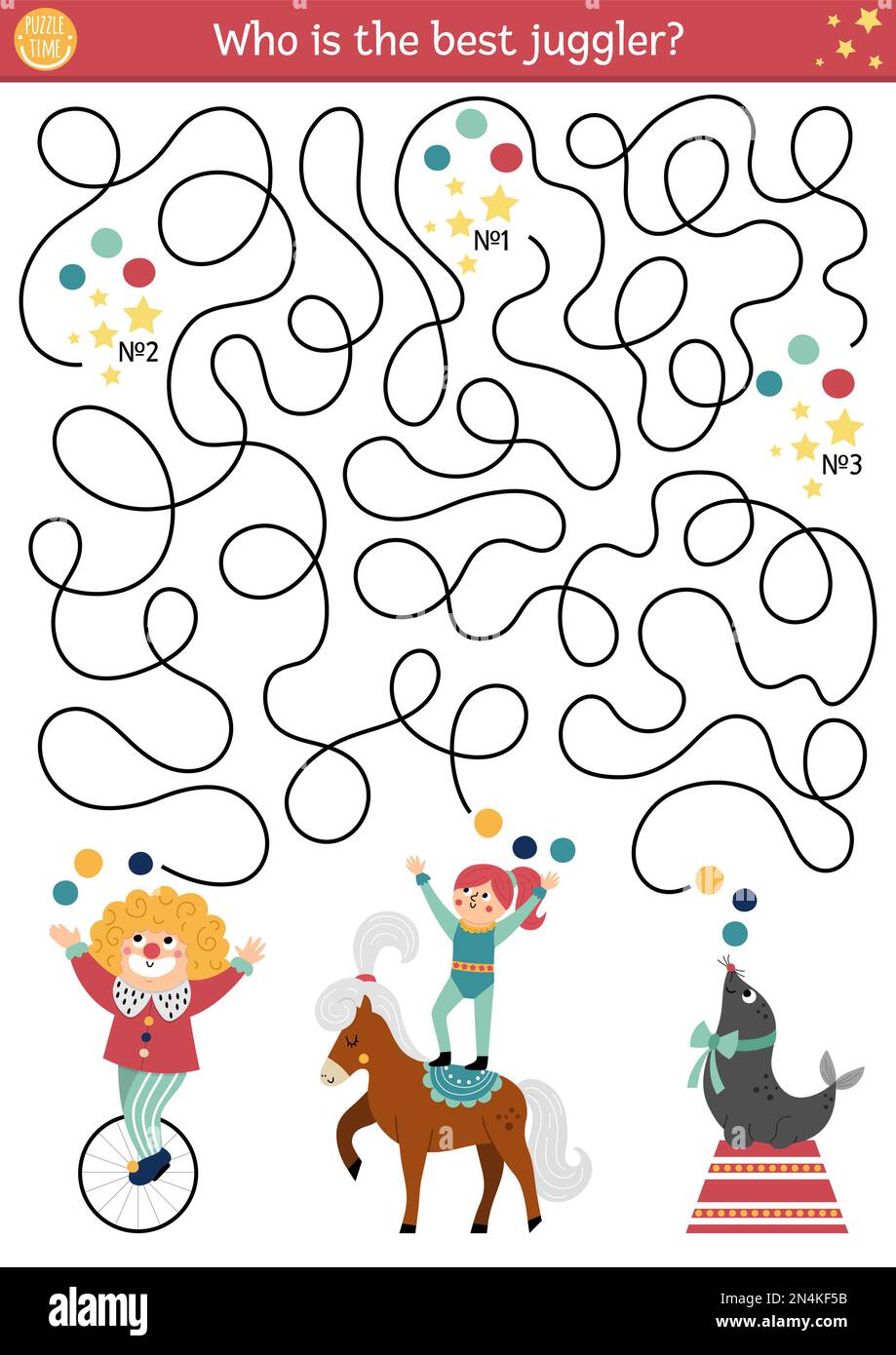 Circus maze for kids with clown, gymnast, sea lion. Amusement show ...