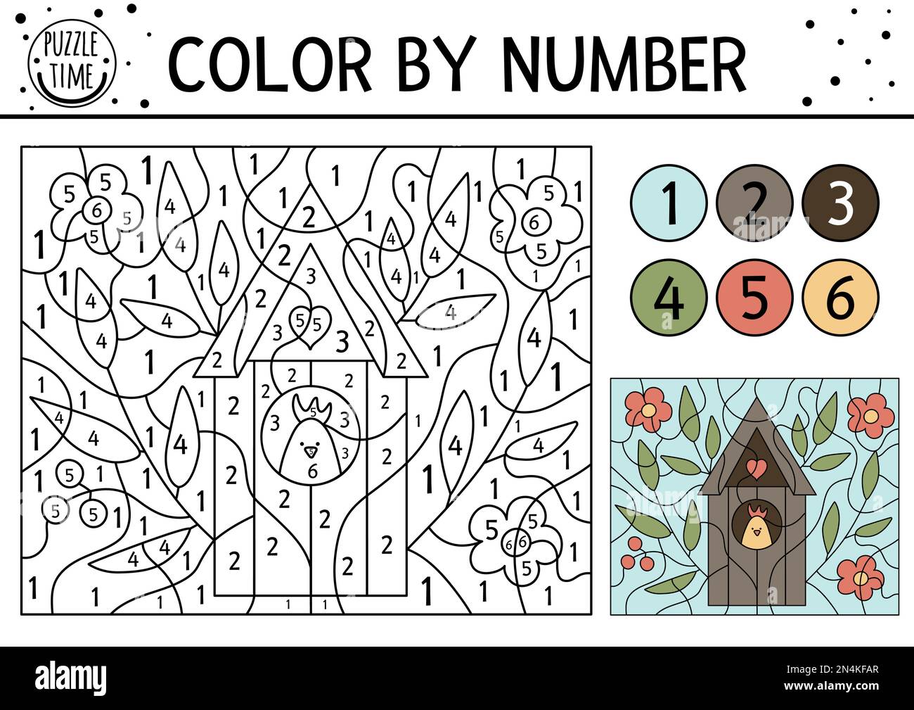 Vector spring color by number activity with chick in a birdhouse ...