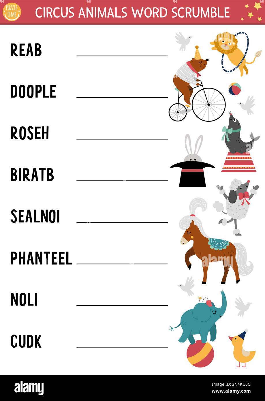 Vector circus word scramble activity page. English language game with ...