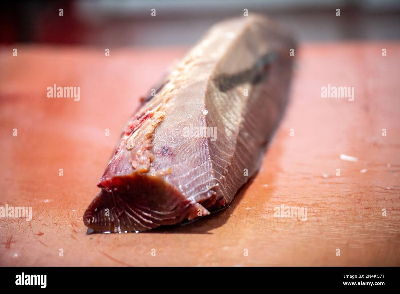 Cutting and prepping fish for canning process, Fish canning factory ...