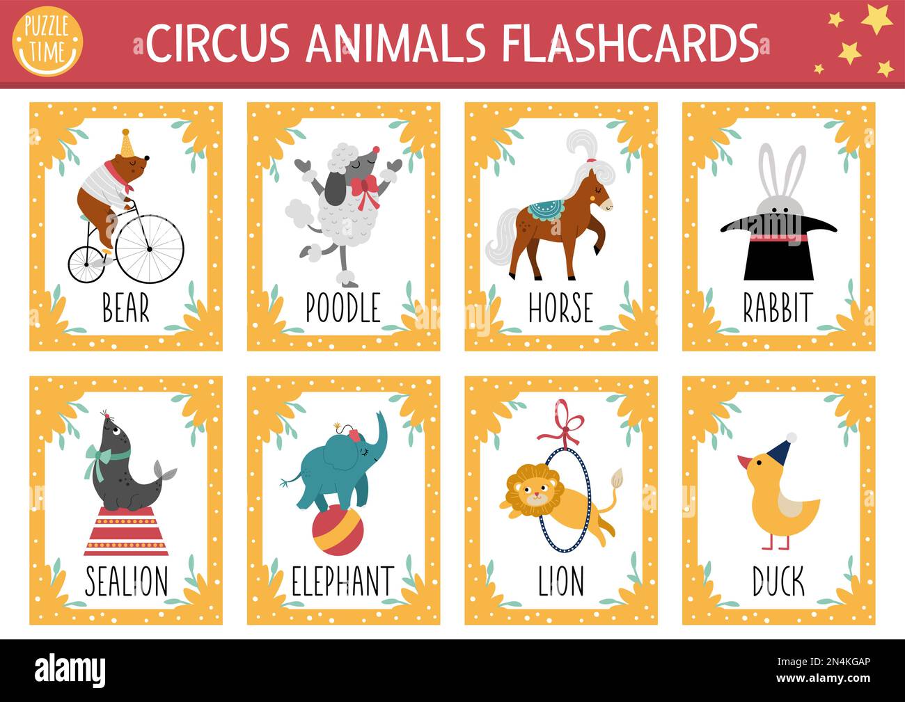 Vector circus animals flash cards set. English language game with cute ...