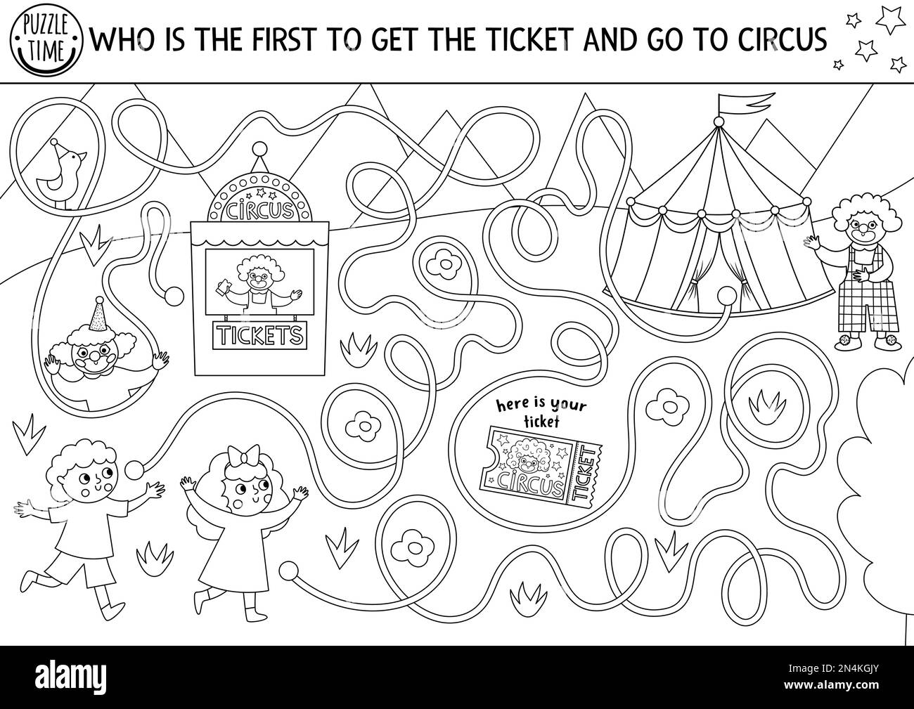Circus black and white maze for kids with boy, girl, ticket. Amusement ...