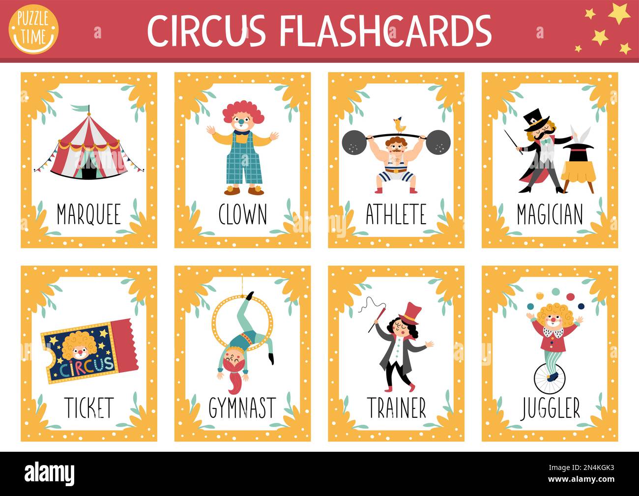 Vector circus flash cards set. English language game with cute marquee ...