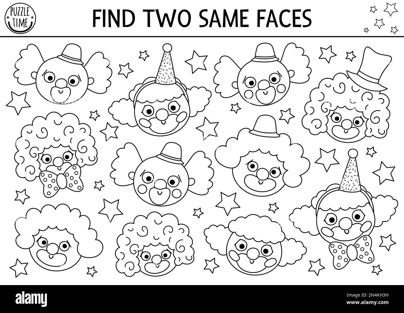 Find two same clown faces. Circus black and white matching activity for ...