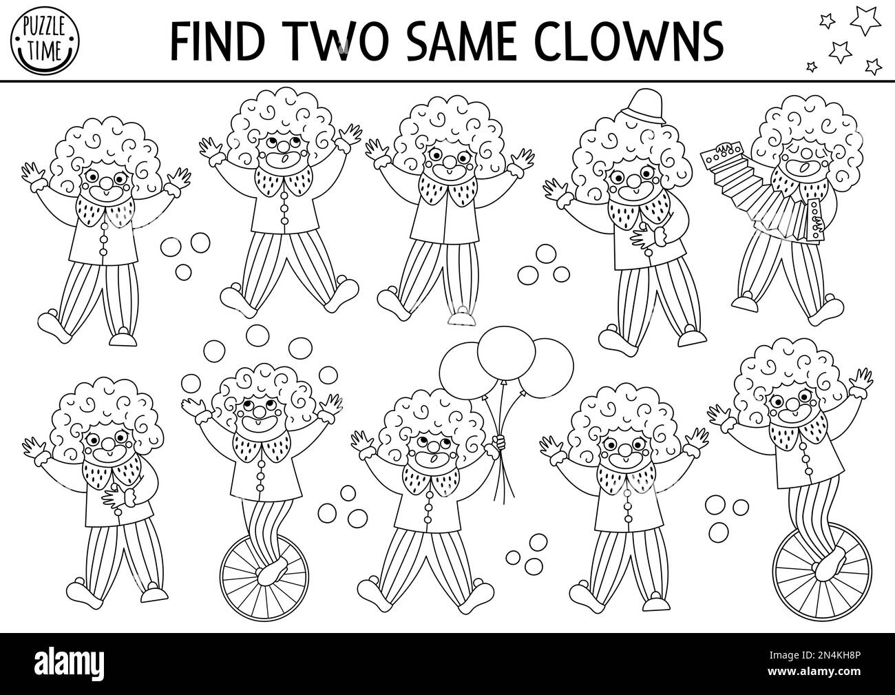 Find two same clowns. Circus black and white matching activity for ...