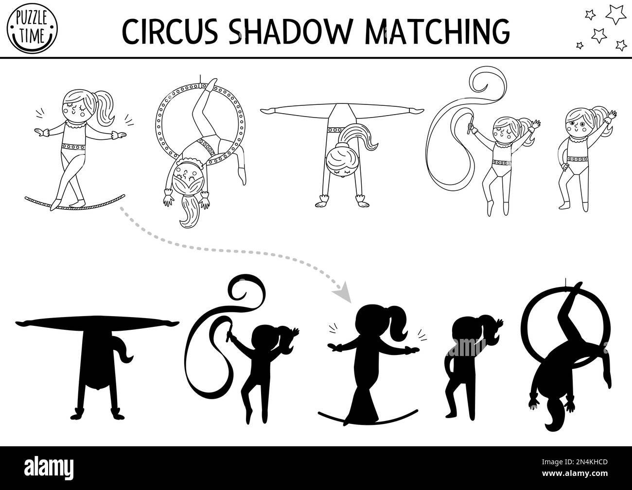 Circus black and white shadow matching activity with cute gymnasts ...