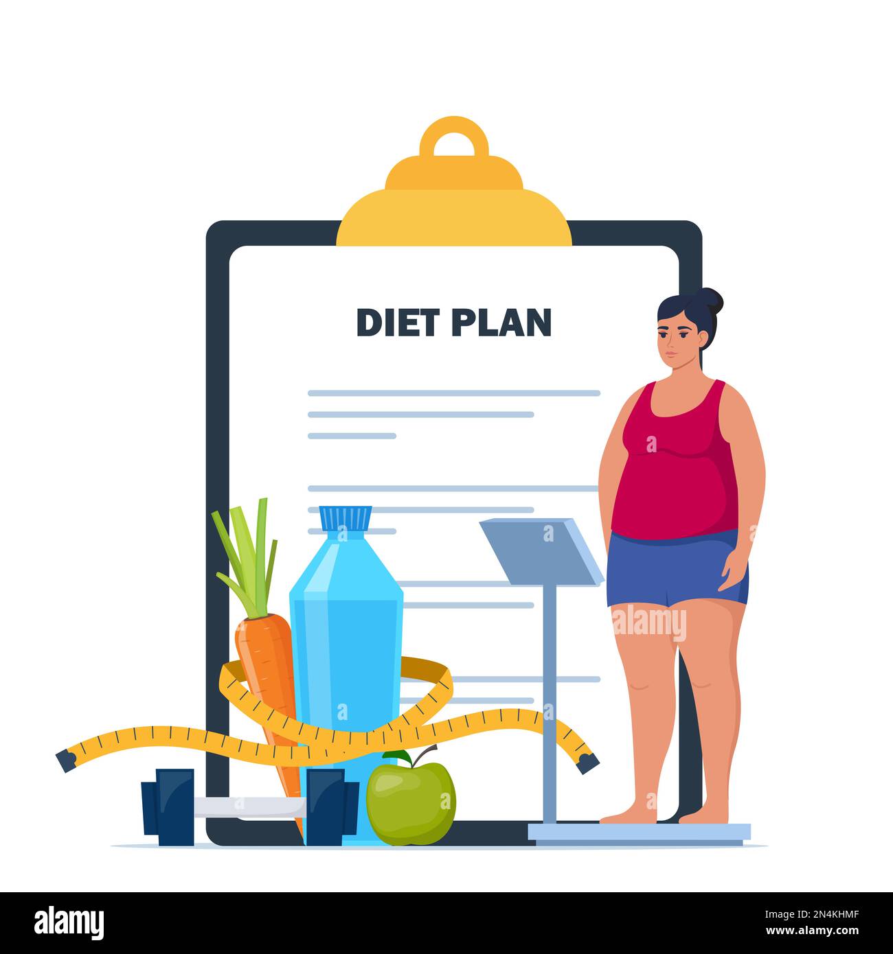 Fat Woman Standing On Weigh Scales Diet Plan Checklist Healthy Food