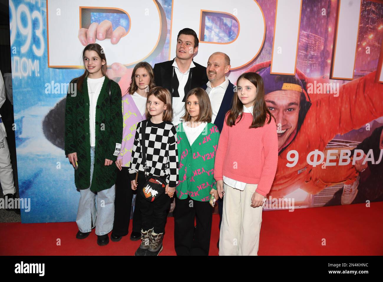 Moscow. Actors Oleg Gaas (in the center) at a premiere of the adventure ...