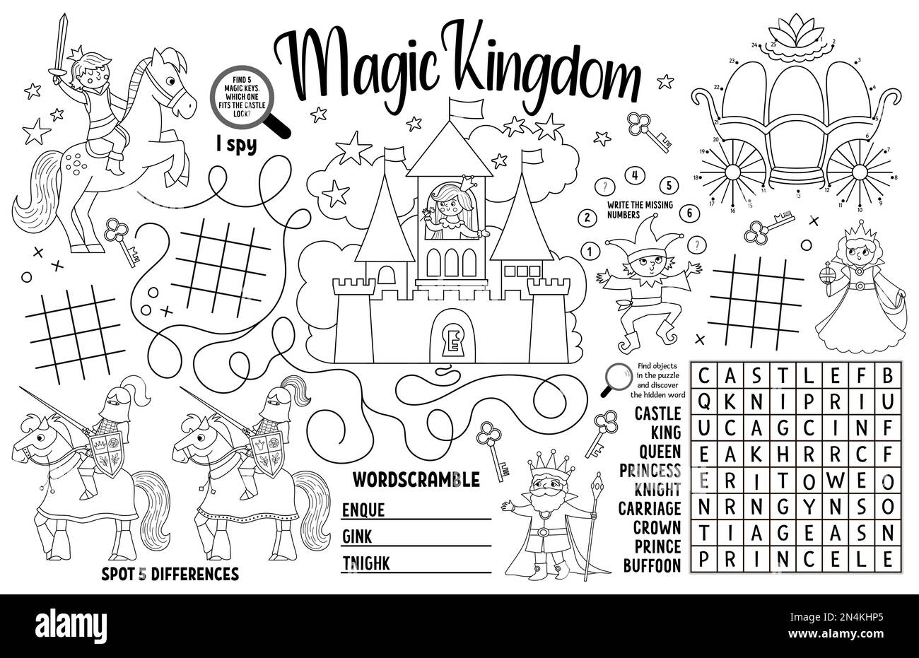 Vector Magic kingdom placemat for kids. Fairytale printable activity ...