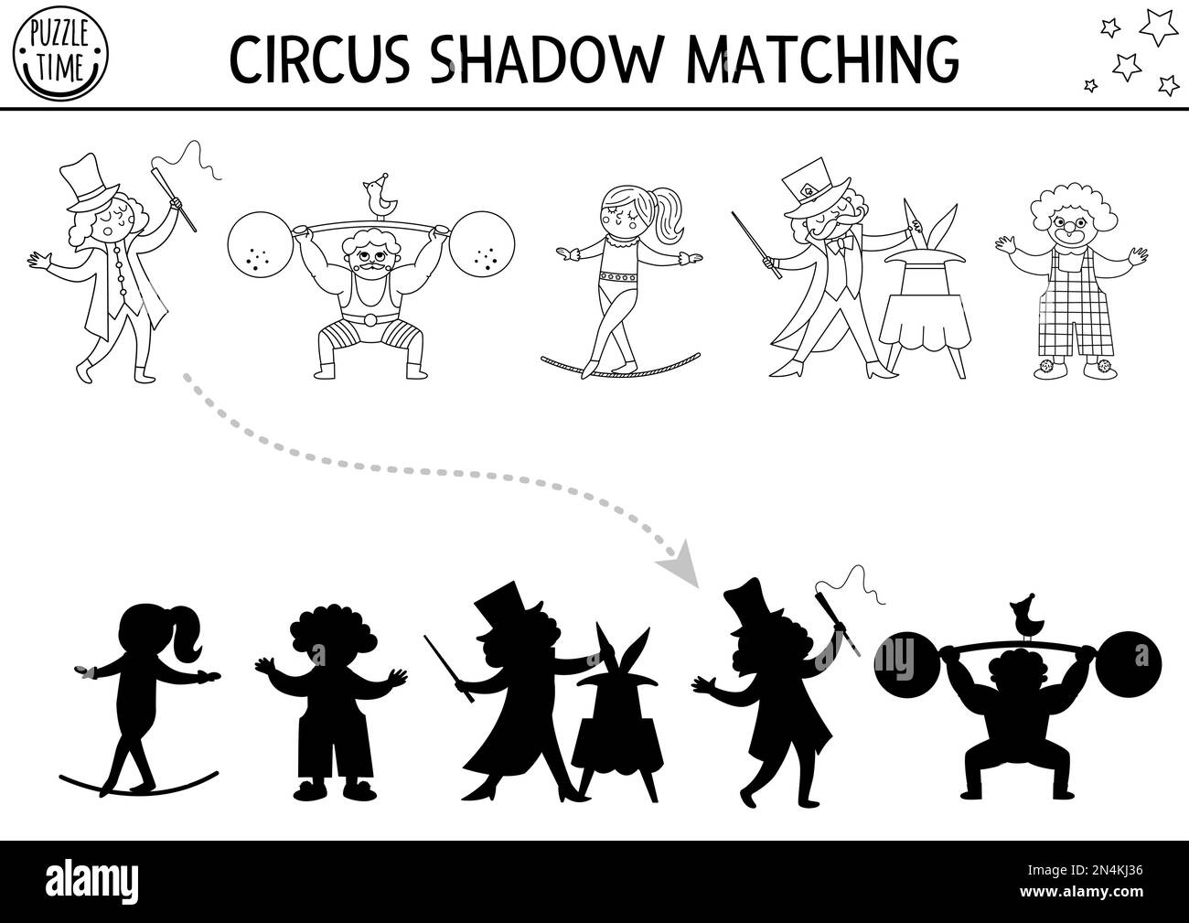 Circus black and white shadow matching activity with cute performers ...
