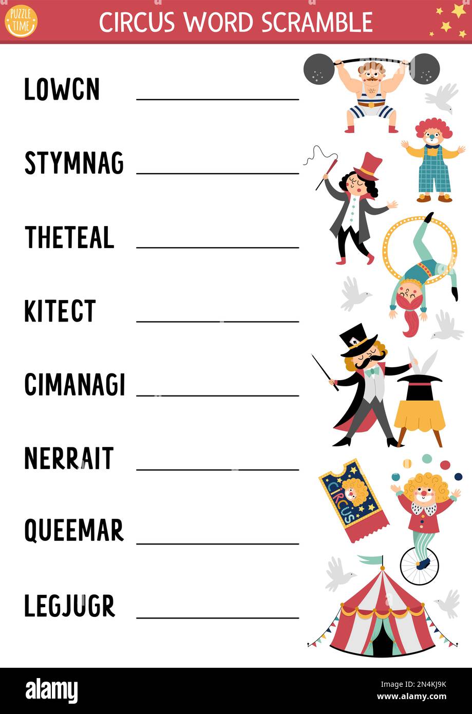 Vector circus word scramble activity page. English language game with ...
