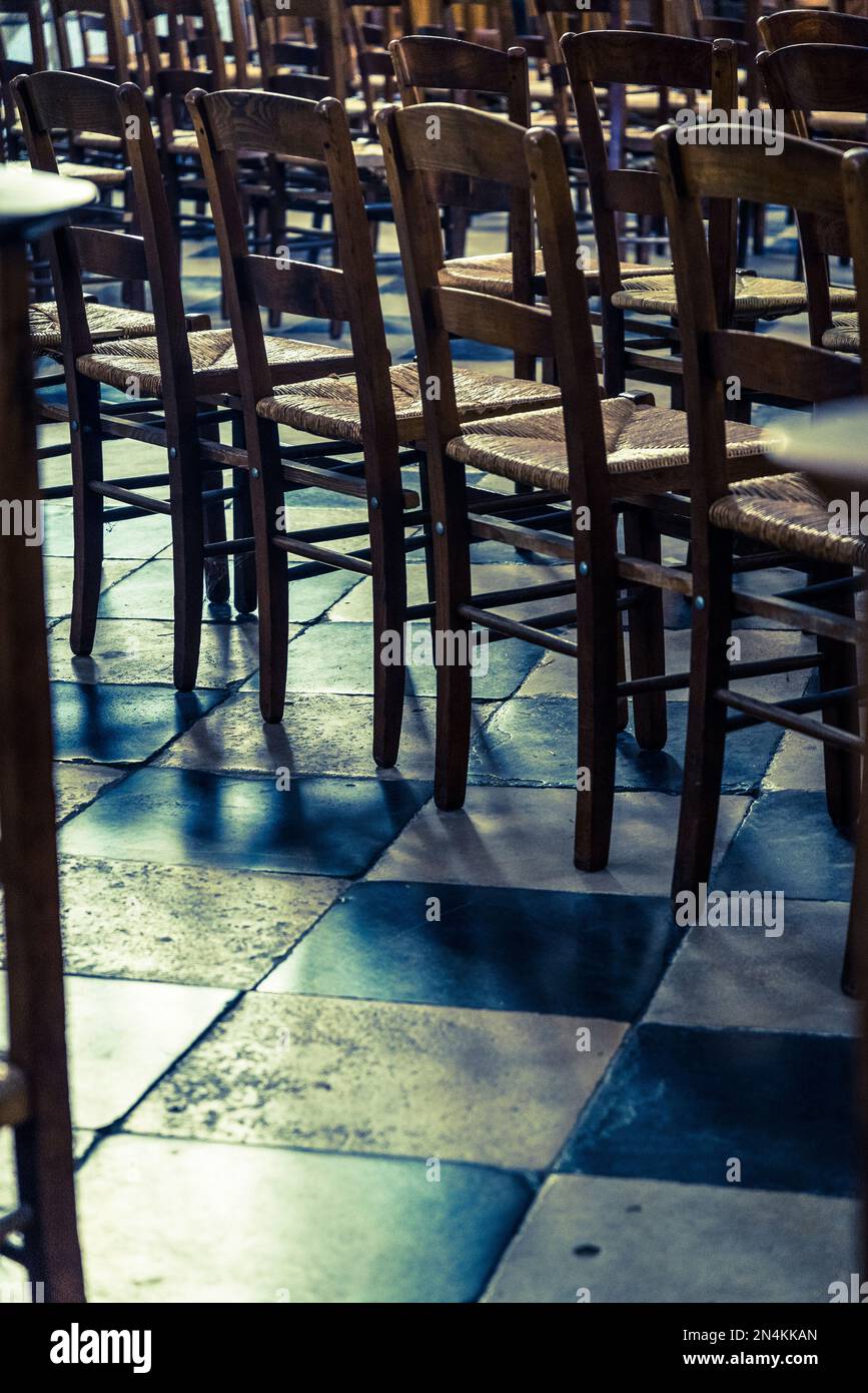 Row of church chairs, Interior of the Church of Saint-Paul-Saint-Louis ...