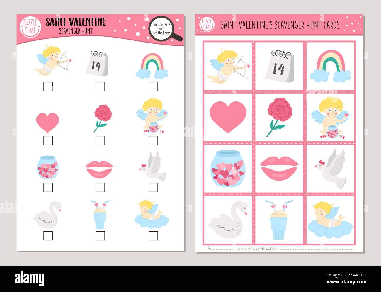 Vector Saint Valentine scavenger hunt cards set. Seek and find game ...