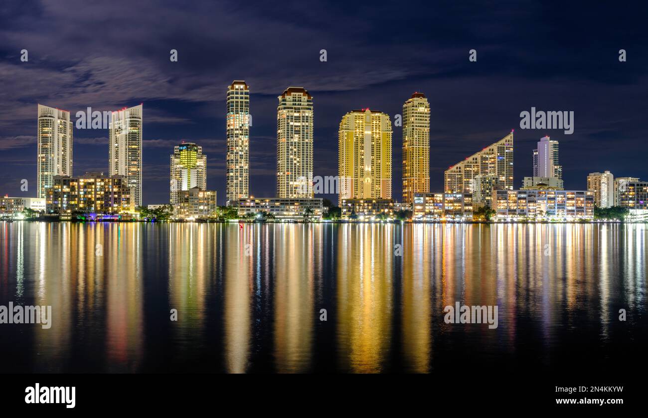 North Miami Beach, Sunny Isles Skyline at Night Trump Tower, Aqualina ...