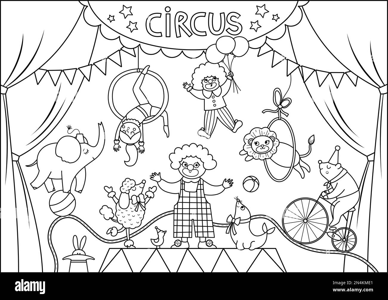 Vector black and white circus stage with curtains, artists, clown ...