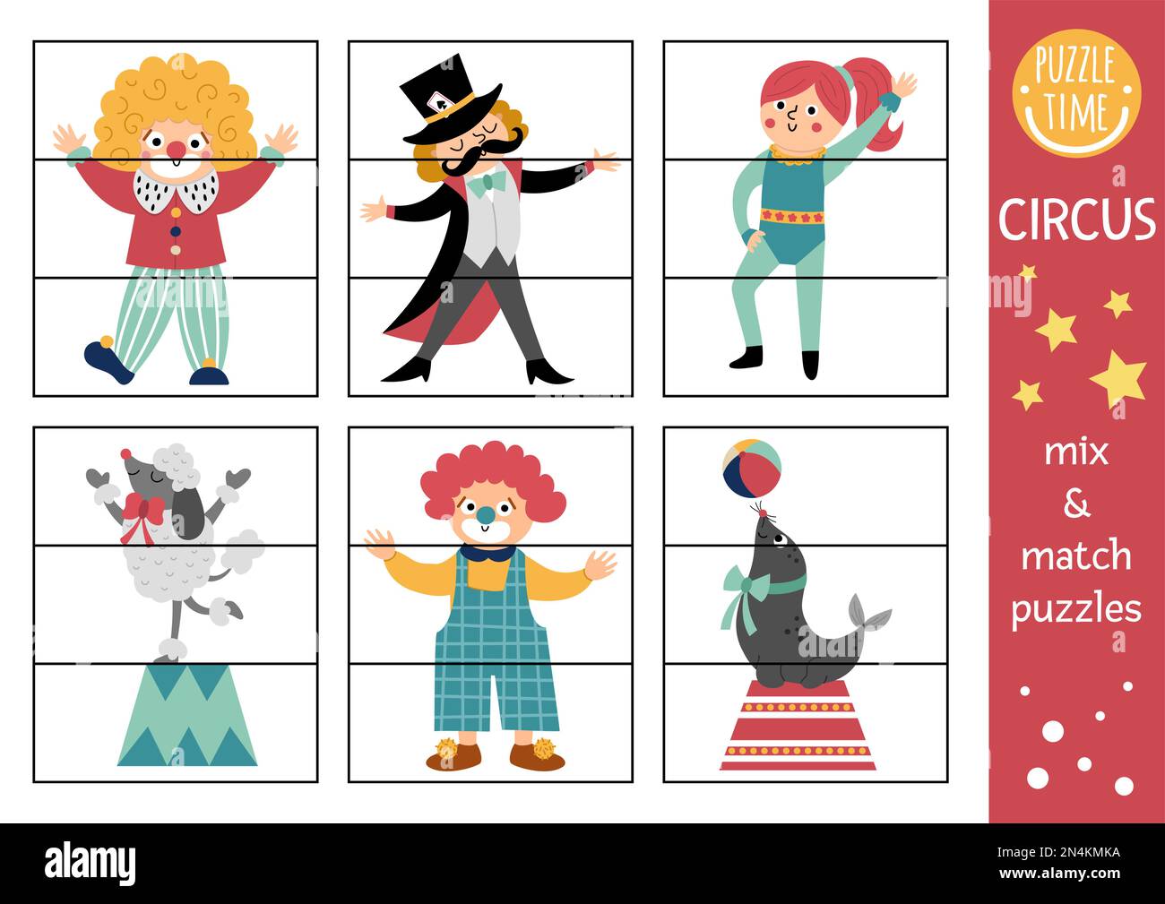 Vector circus mix and match puzzle with clown, magician, poodle ...