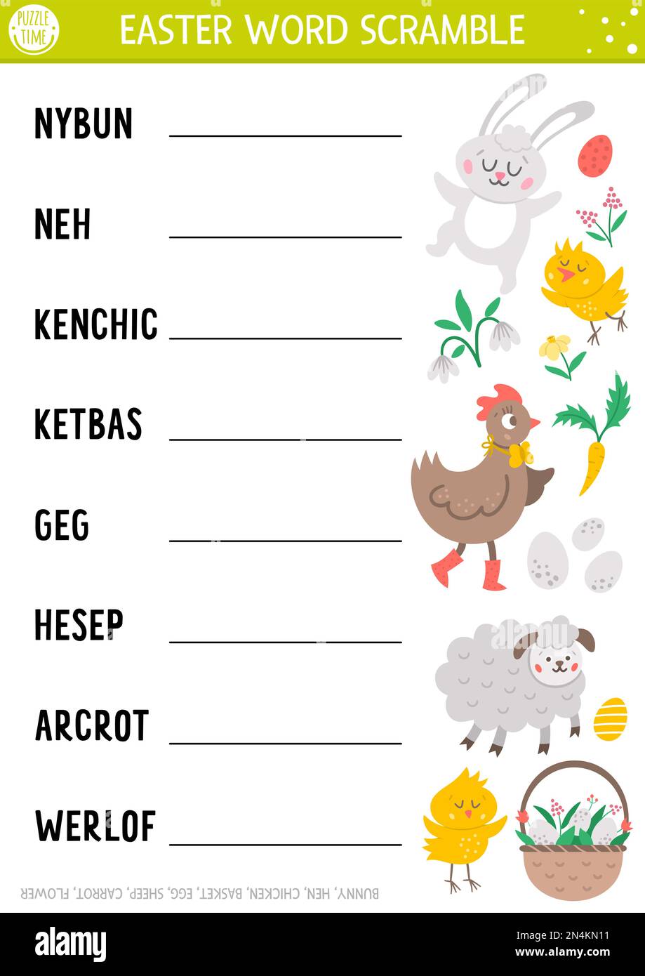 Vector Easter word scramble activity page. English language game with ...