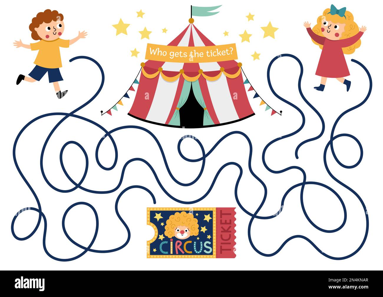 Circus maze for kids with boy, girl, ticket. Amusement show preschool ...