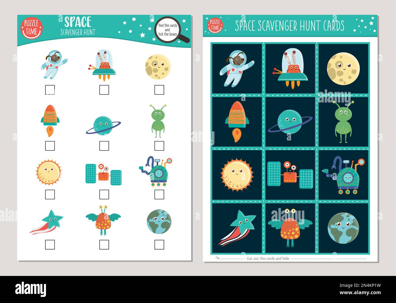 Vector Space scavenger hunt cards set. Seek and find game with cute ...