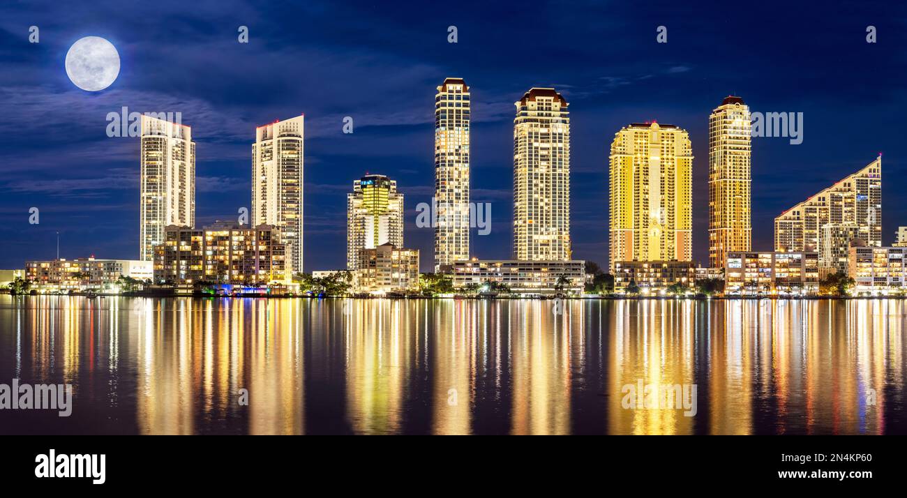 North Miami Beach, Sunny Isles Skyline at Night Trump Tower, Aqualina ...