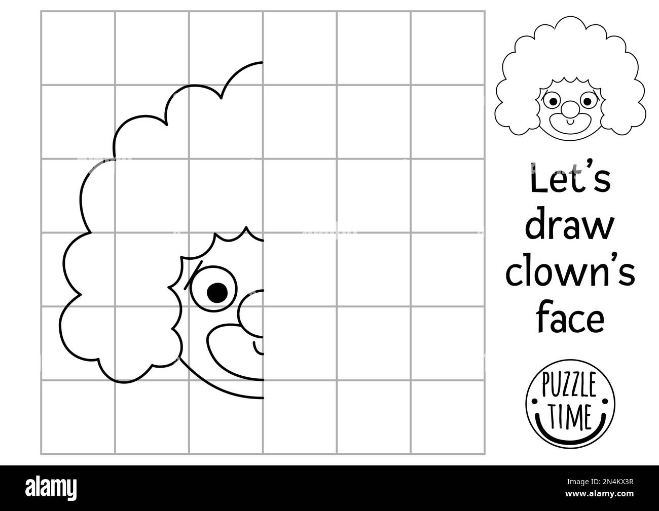Complete the clown face picture. Vector circus symmetrical drawing ...