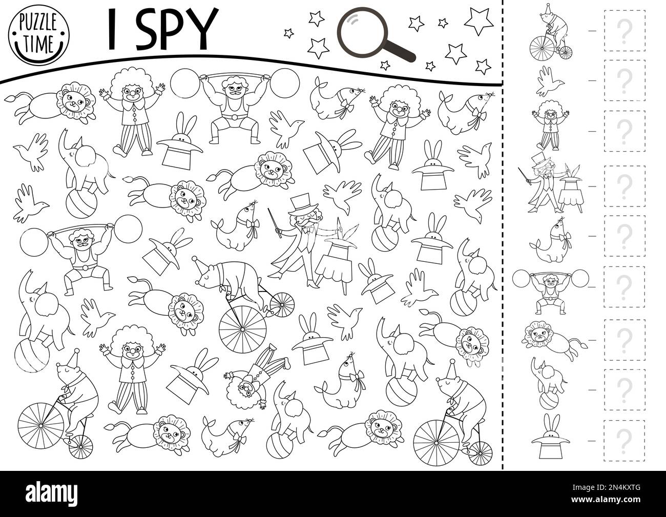 Circus black and white I spy game for kids. Searching and counting line ...