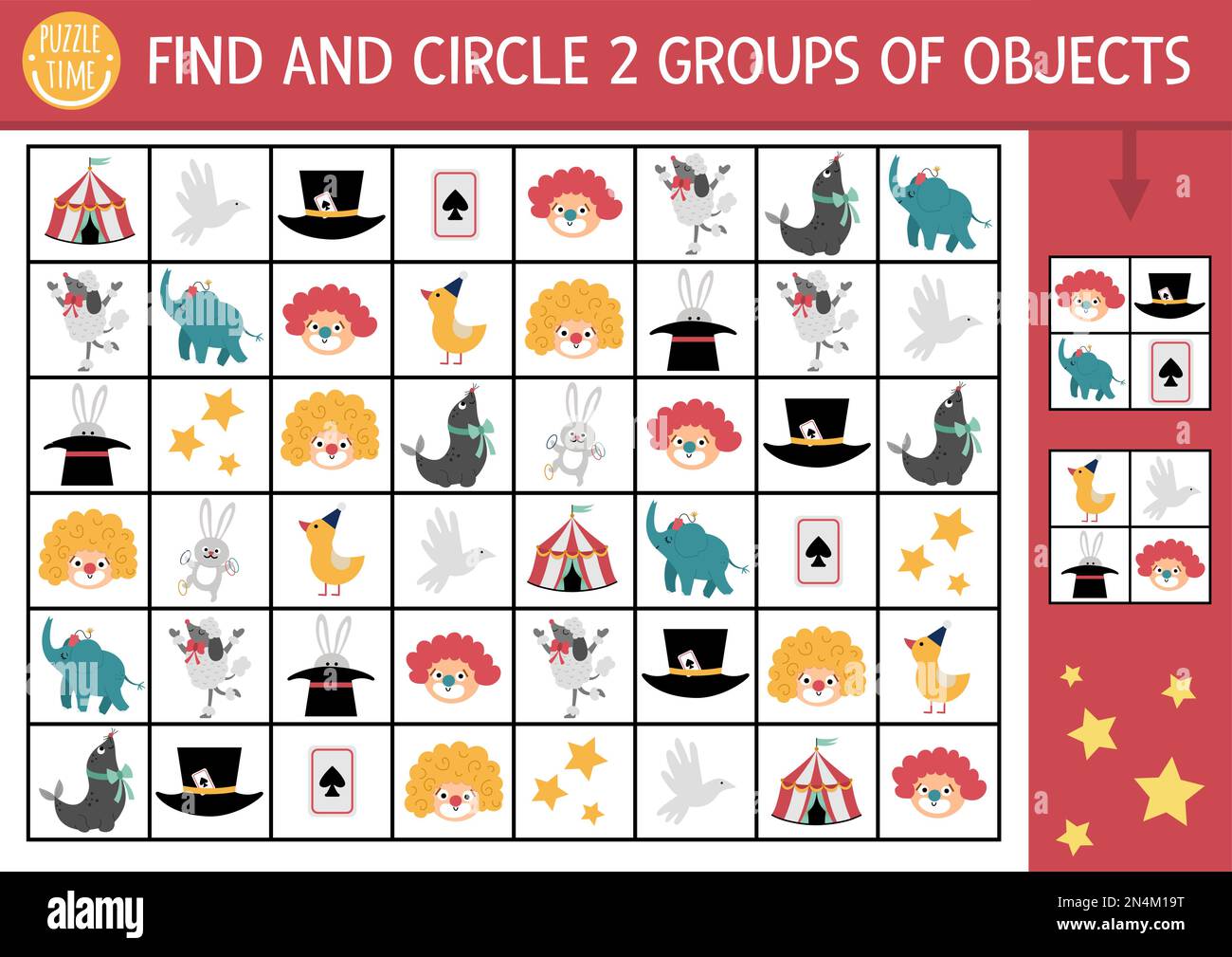 Circus seek and find game with traditional symbols. Attention skills ...