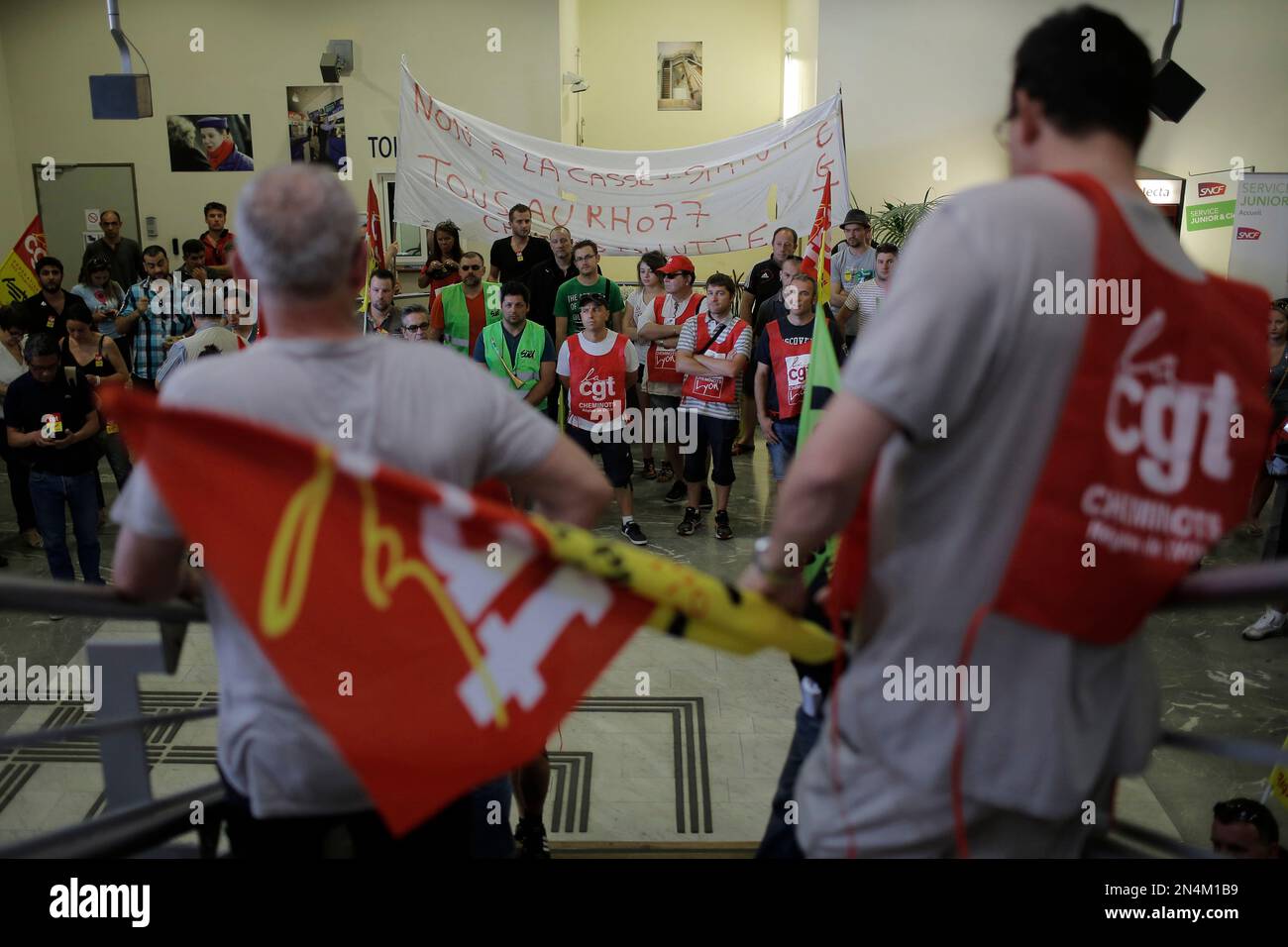 French rail workers attend a general assembly in the Lyon Perrache ...