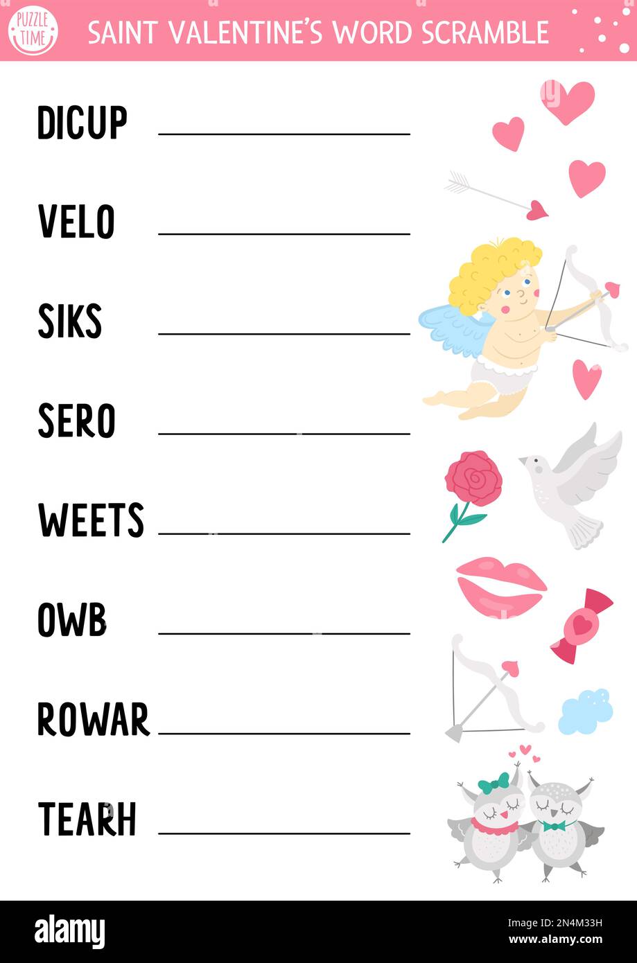 Vector Saint Valentine word scramble activity page. English language ...