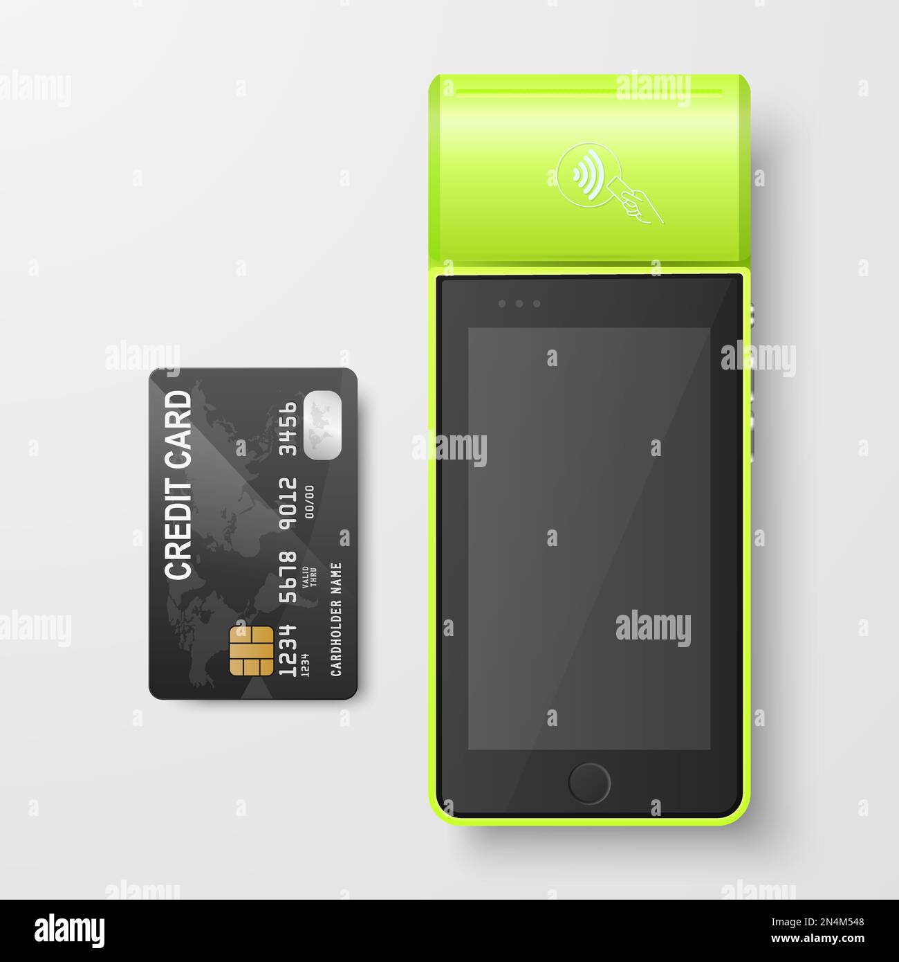 Vector 3d Green NFC Payment Machine and Credit Card Isolated. Wi-fi, Wireless Payment. POS ...