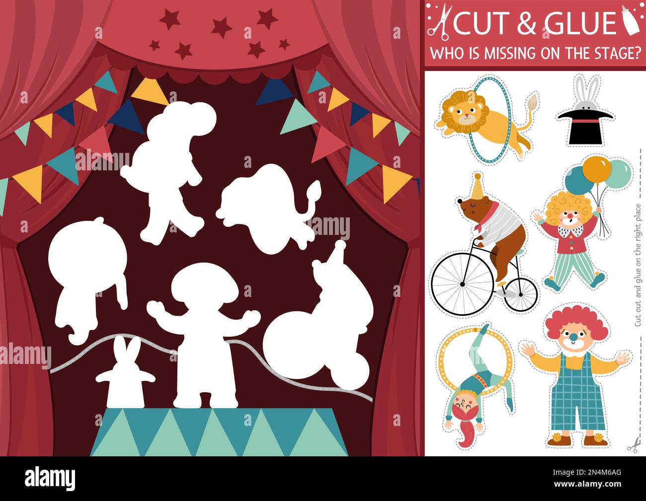 Vector circus cut and glue activity. Amusement show crafting game. Cute ...