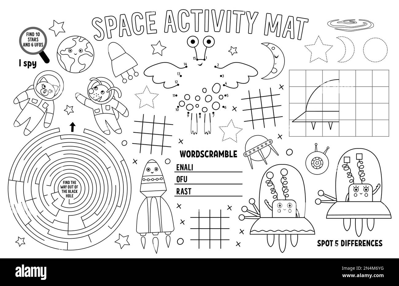 Vector space placemat for kids. Fairytale printable activity mat with ...