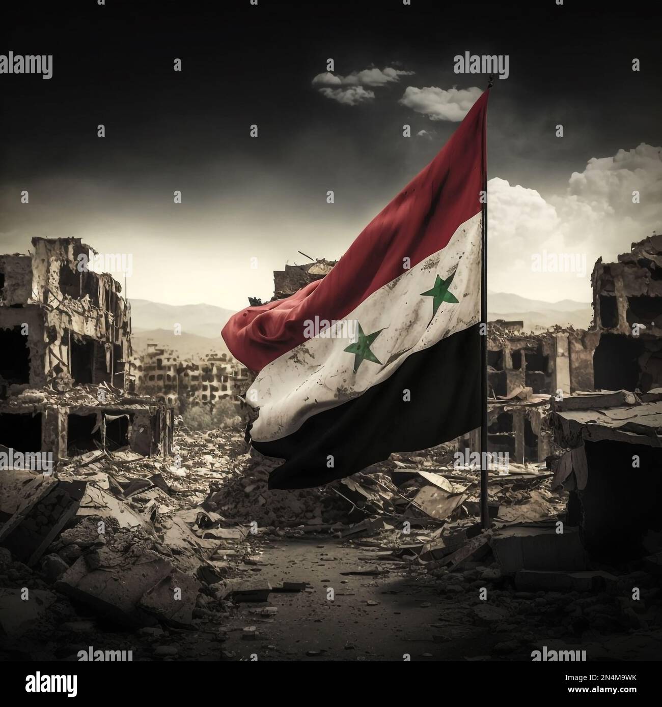 The Syrian flag flies over the state after the earthquake. Ruins ...