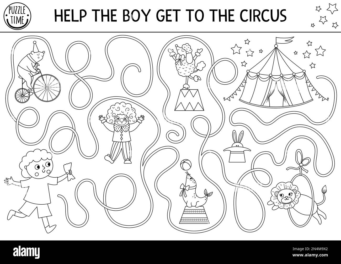 Circus black and white maze for kids with boy running to marquee ...
