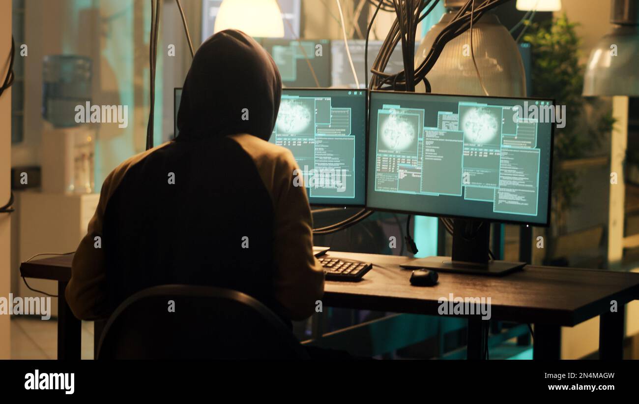 Happy skilled man planning security breach to take important ...