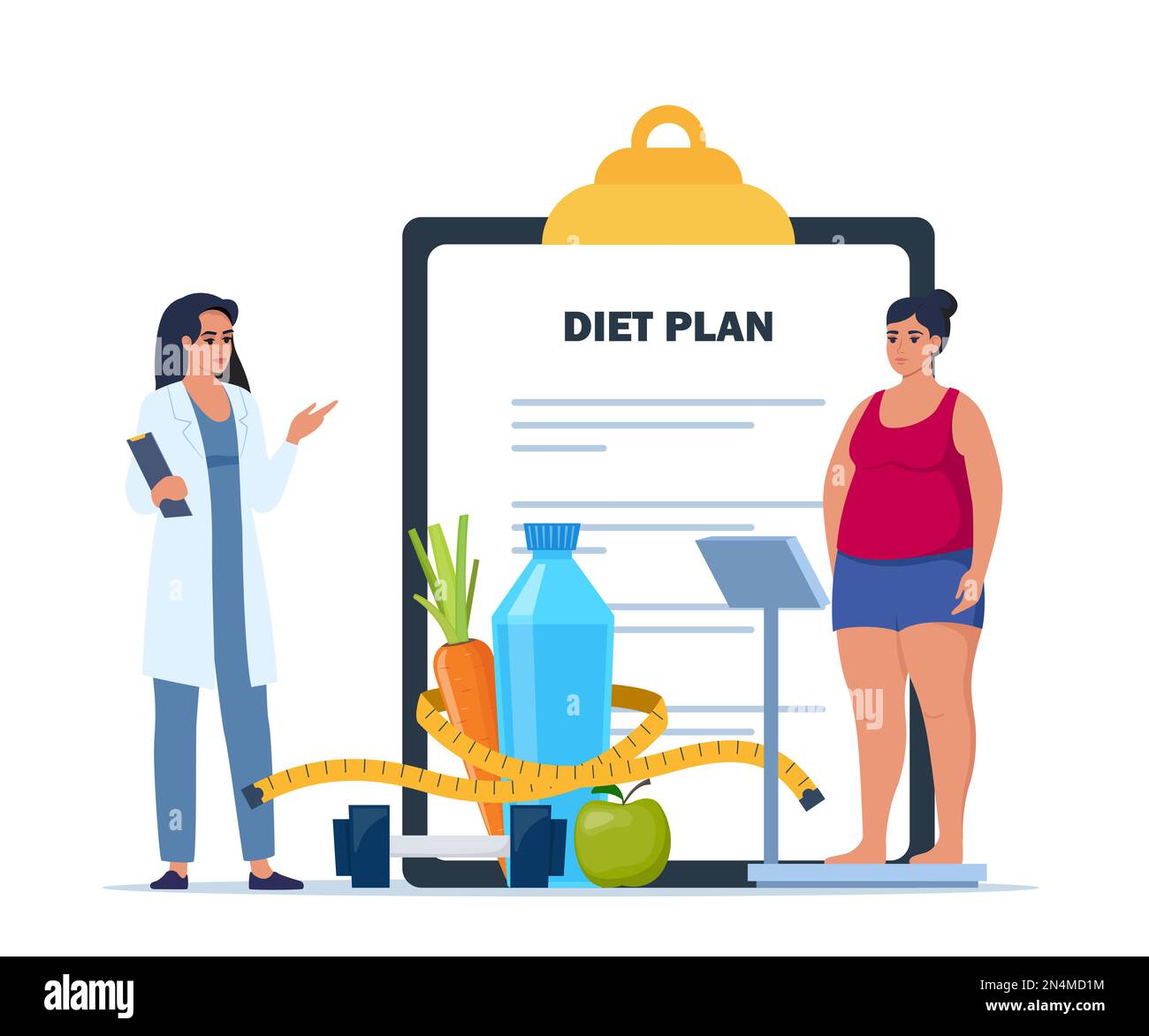 Fat woman standing on weigh scales. Doctor explain about health and how ...