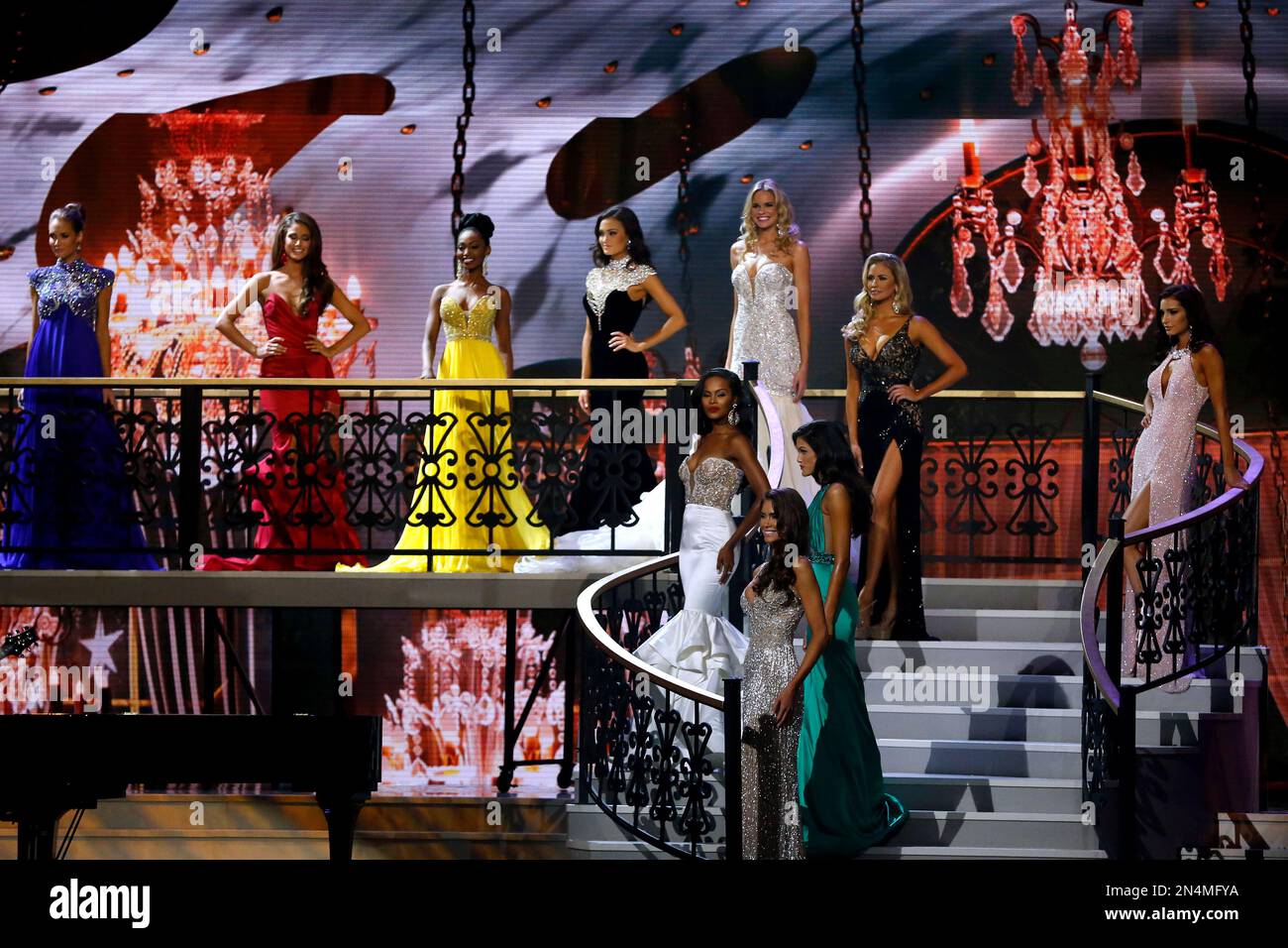 Contestants are introduced before the evening gown segment of the Miss ...