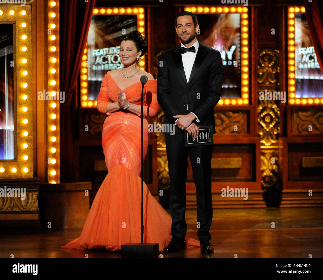 Actors Fran Drescher and Zachary Levi speak on stage at the 68th annual ...