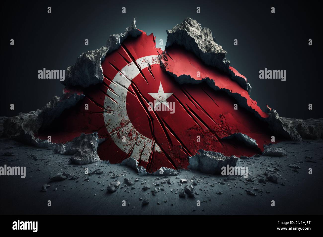 The Turkish flag over the state after the earthquake. Ruins ...